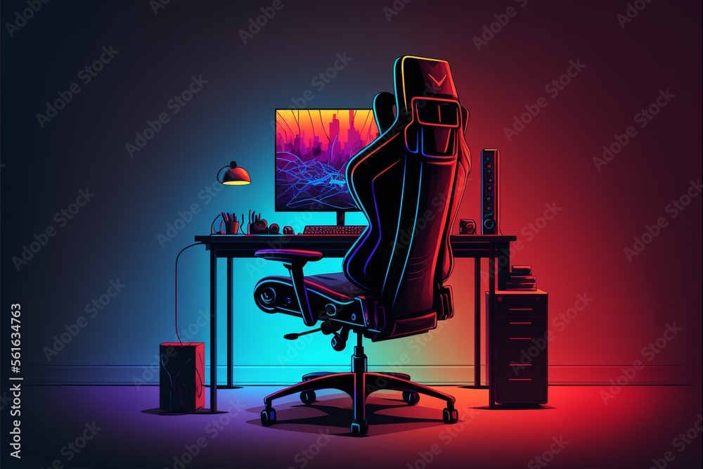 Illustration of gamer setup, computer and gamer chair, gradient ...