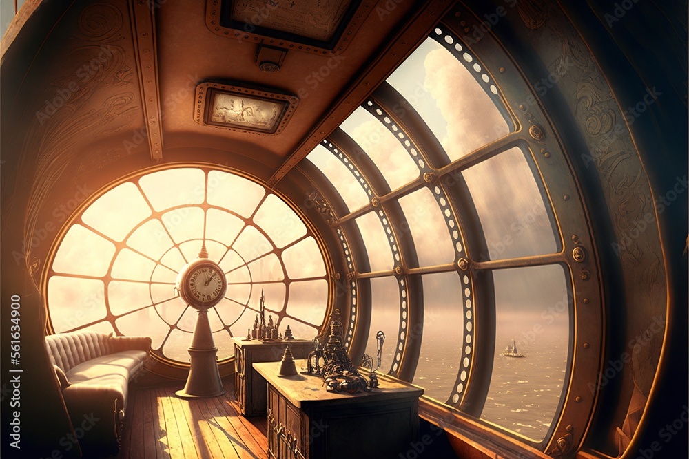 View from inside an airship, steampunk style. AI digital illustration ...