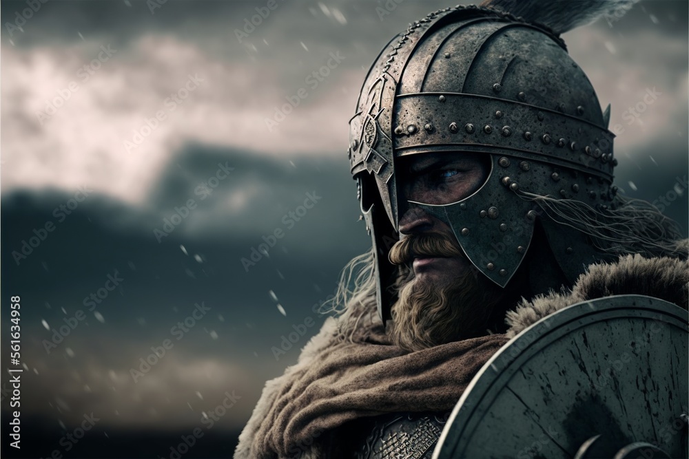 Viking warrior from the back with helmet, mountains in the background ...