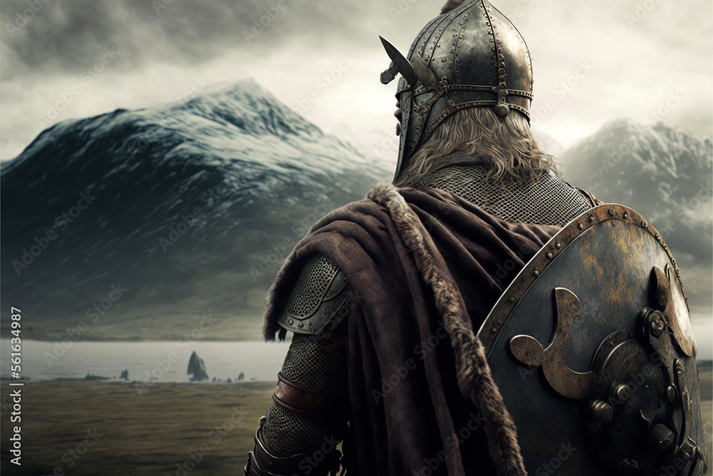 Viking warrior from the back, lake and mountains in the background. AI ...