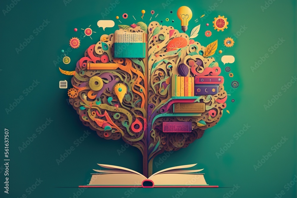 Illustration of a book over which education, mind and tree of knowledge ...