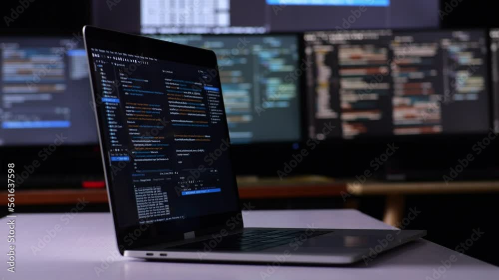 Close Up Of A Laptop'S Monitor Showing Code On The Table In Front Of Multiple Monitors With ...