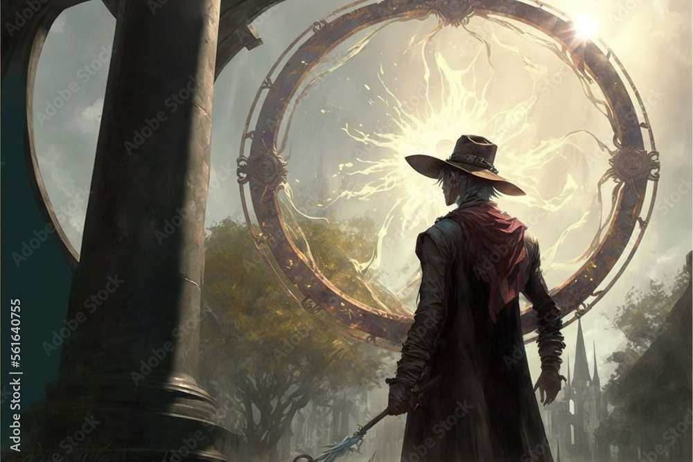 The wizard holds his wand standing at the circle gate, A young wizard ...