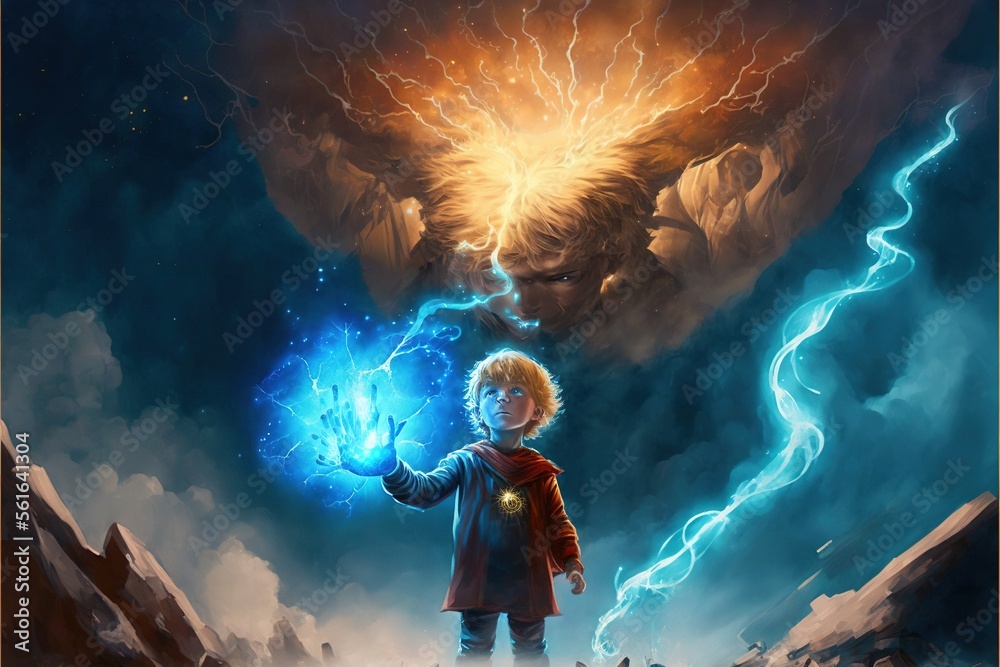 Fantasy scene of the young boy released magical power. A mystical boy ...