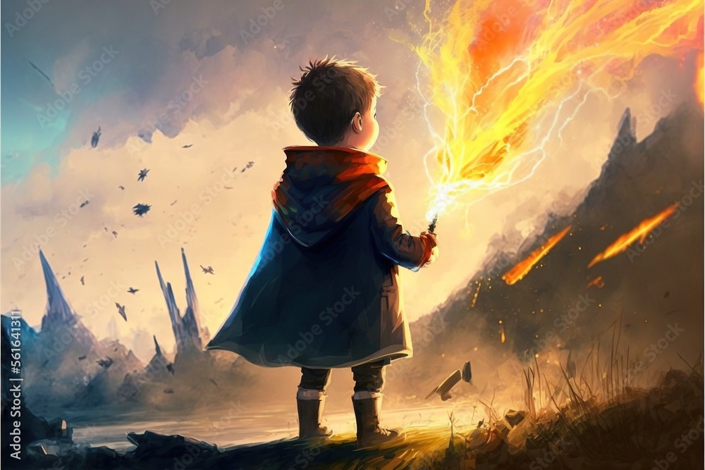 Fantasy scene of the young boy released magical power. A mystical boy ...