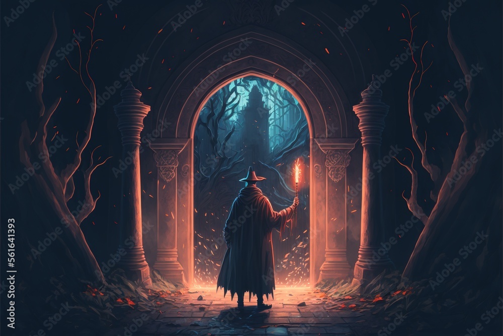 The wizard holds his wand standing at the circle gate, A young wizard ...
