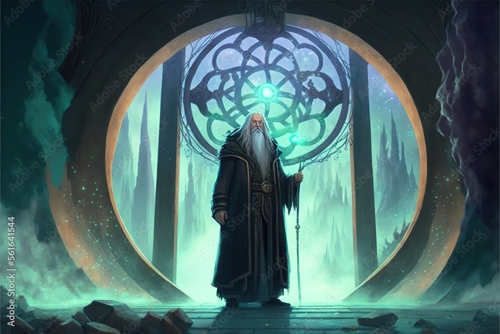 The wizard holds his wand standing at the circle gate, A young wizard ...