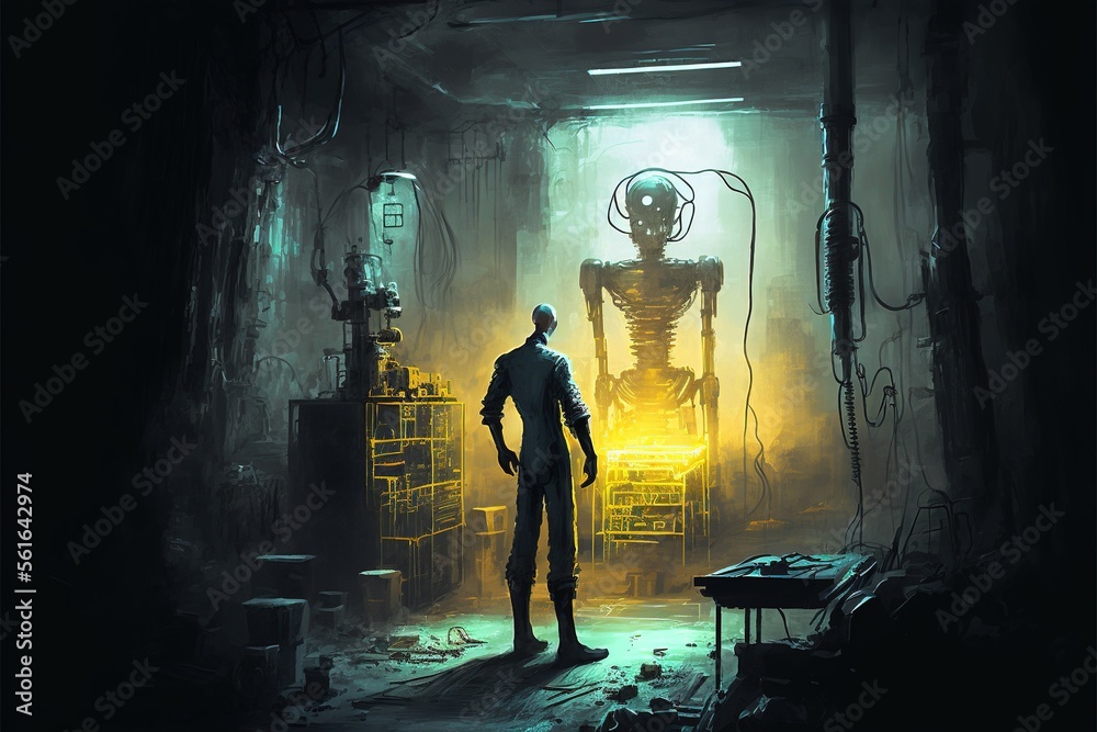 Cyberpunk cyborg in a magic laboratory, Humanoid standing in an ...