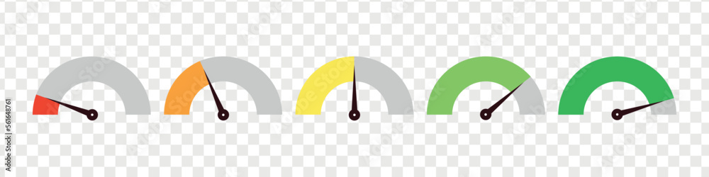 Set of speedometer, speed dial indicator. Green and red, low and high ...