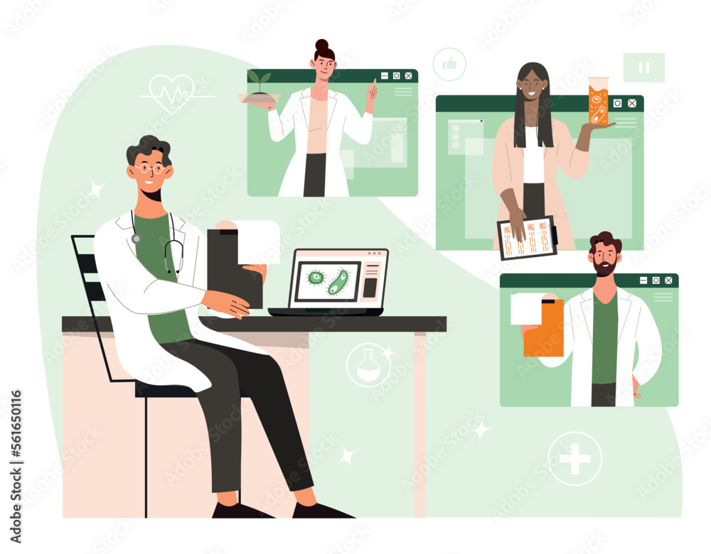 Online medical conference. Man with microscope sits at laptop and ...