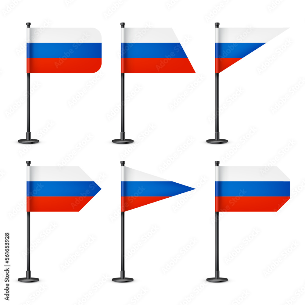 Realistic various Russian table flags on a black steel pole. Souvenir ...