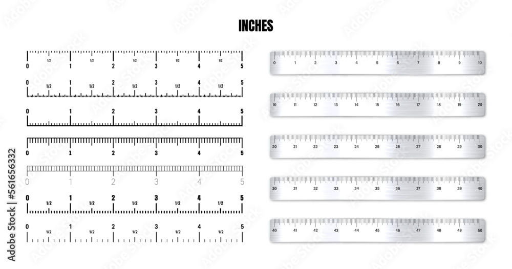 Realistic metal rulers with black inch scale for measuring length or ...