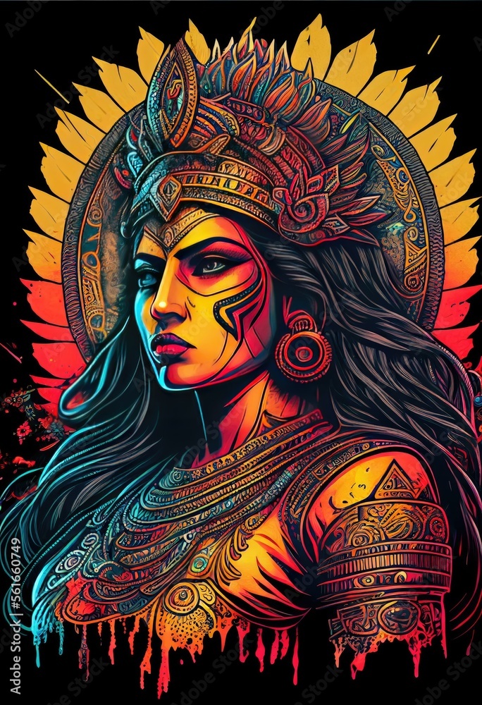 Graphic Mayan Aztec Warrior Woman Illustration, AI Generated Image of a ...