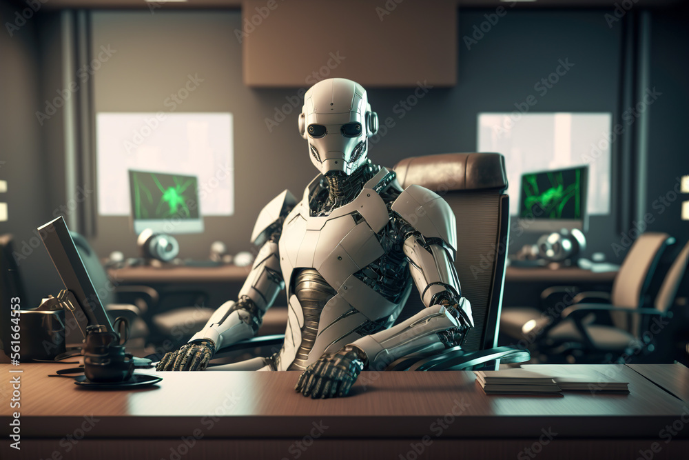 Robot boss or CEO sitting in a futuristic office, AI development ...