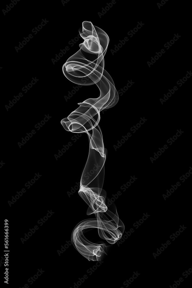 Abstract white puffs of smoke swirls overlay on black background ...