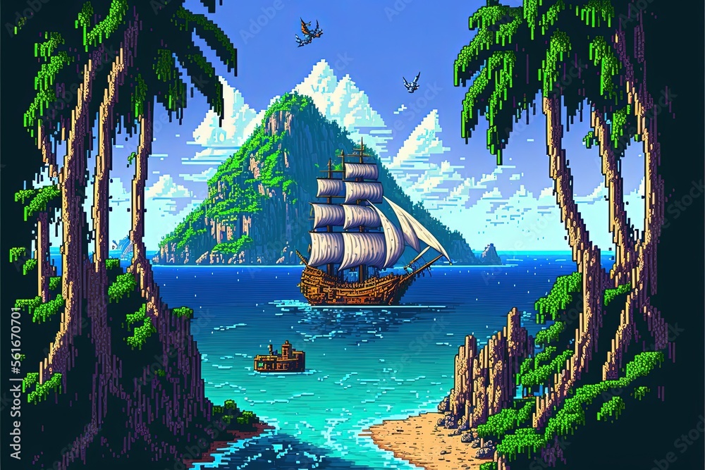 Ilustracja Stock: Pixel art pirate ship sailing near the island ...