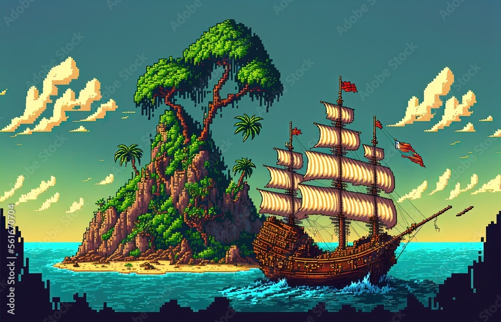 Pixel art pirate ship sailing near the island, background in retro ...