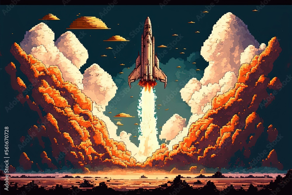 Pixel art rocket taking off in sky with clouds, background in retro ...