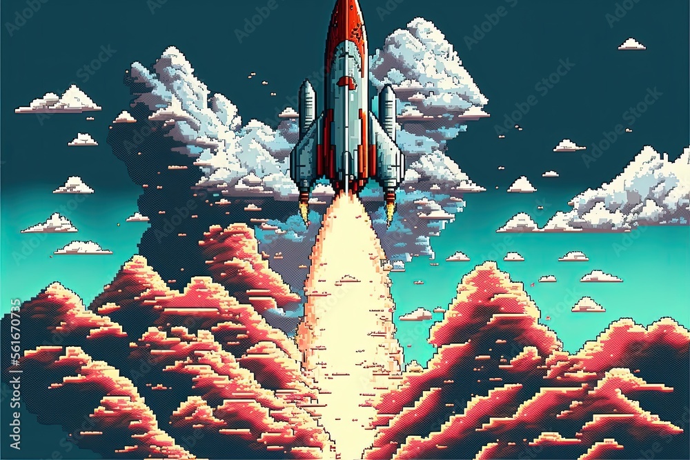 Pixel art rocket taking off in sky with clouds, background in retro style for 8 bit game ...