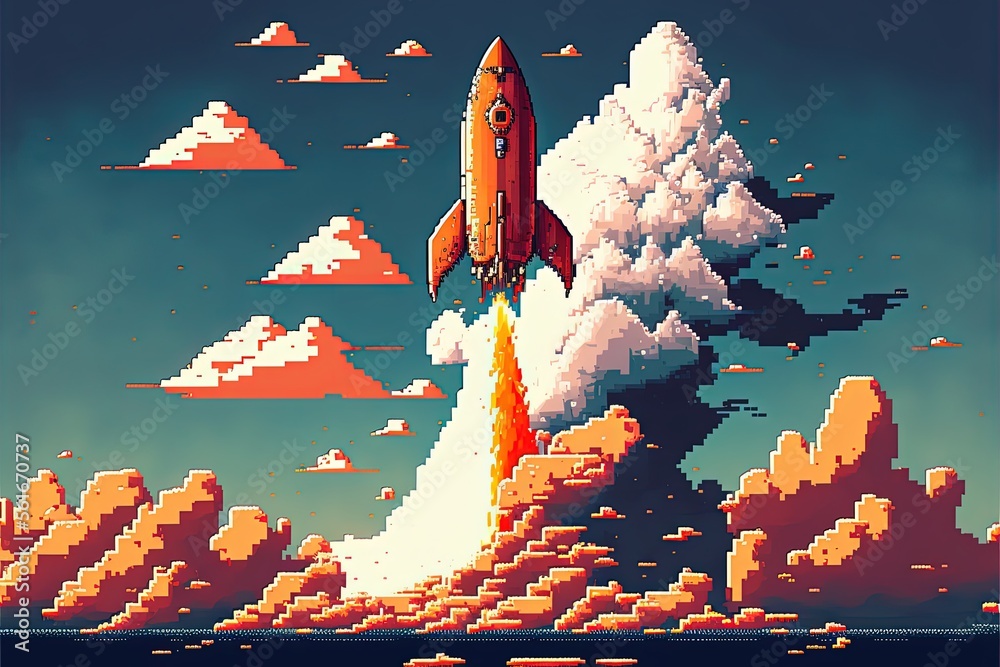 Pixel art rocket taking off in sky with clouds, background in retro style for 8 bit game ...