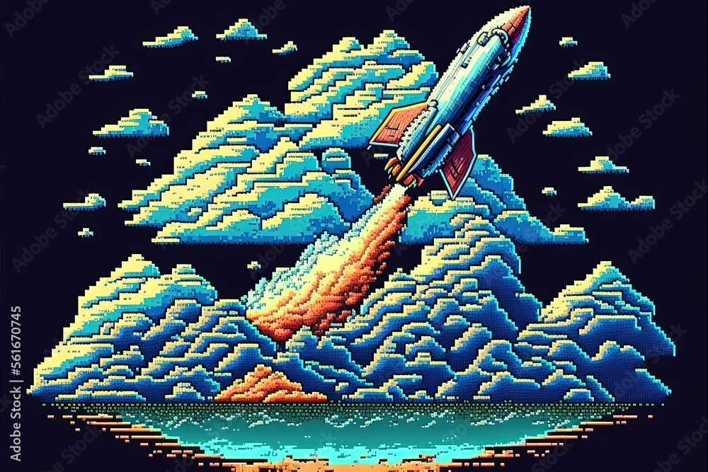 Pixel art rocket taking off in sky with clouds, background in retro style for 8 bit game ...