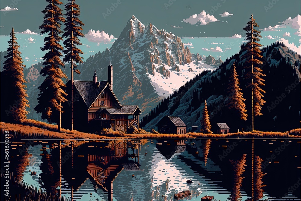 Pixel art of Swiss landscapes with house, pine trees, lake and ...