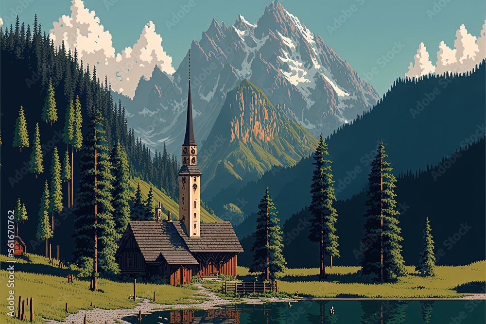 Pixel art of Swiss landscapes with house, pine trees, lake and ...