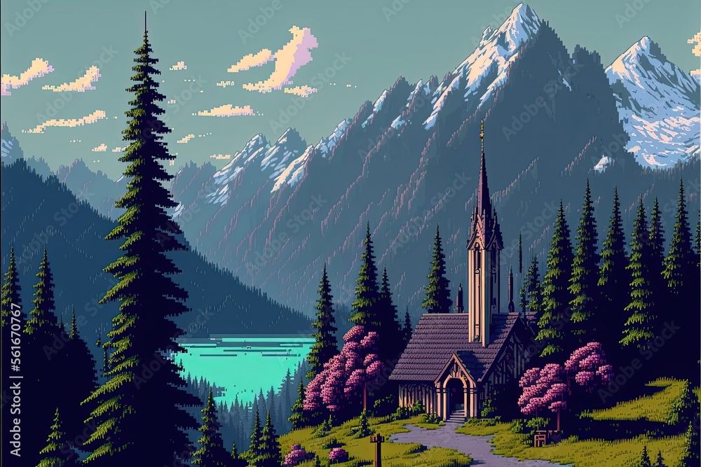 Pixel art of Swiss landscapes with house, pine trees, lake and ...