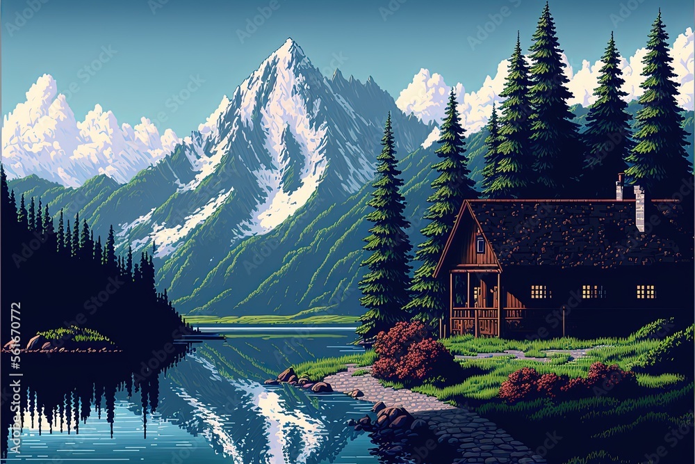 Pixel art of Swiss landscapes with house, pine trees, lake and ...