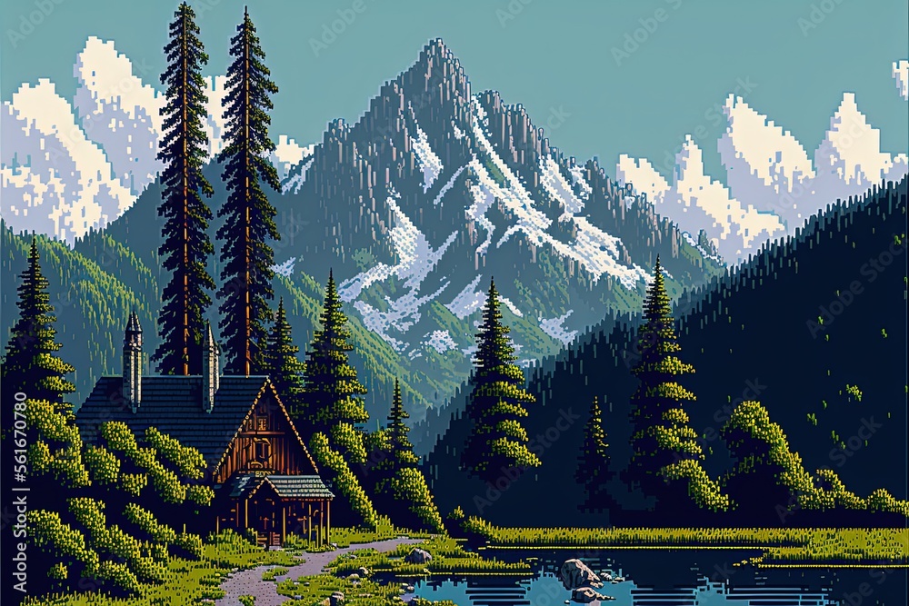 Poster, Foto Pixel art of Swiss landscapes with house, pine trees, lake ...