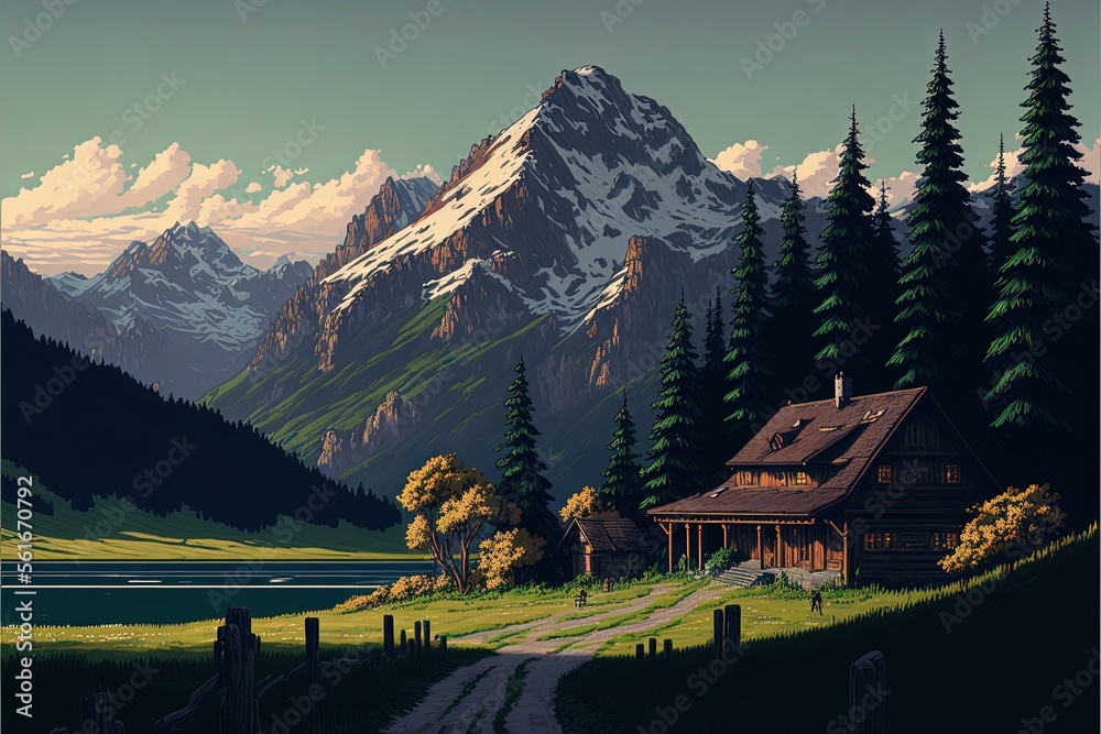 Pixel art of Swiss landscapes with house, pine trees, lake and ...