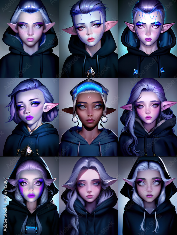Embarrassed androgynous elves with gray hair in modern black hoodies. A ...