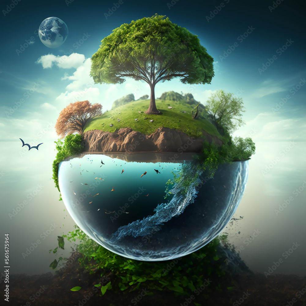 Save planet, save earth - green planet with water and mountains ...