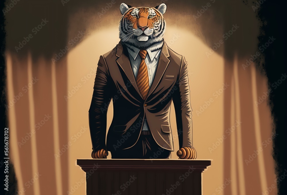 Ilustrace „tiger in a suit on a podium giving a speech, symbolising the ...