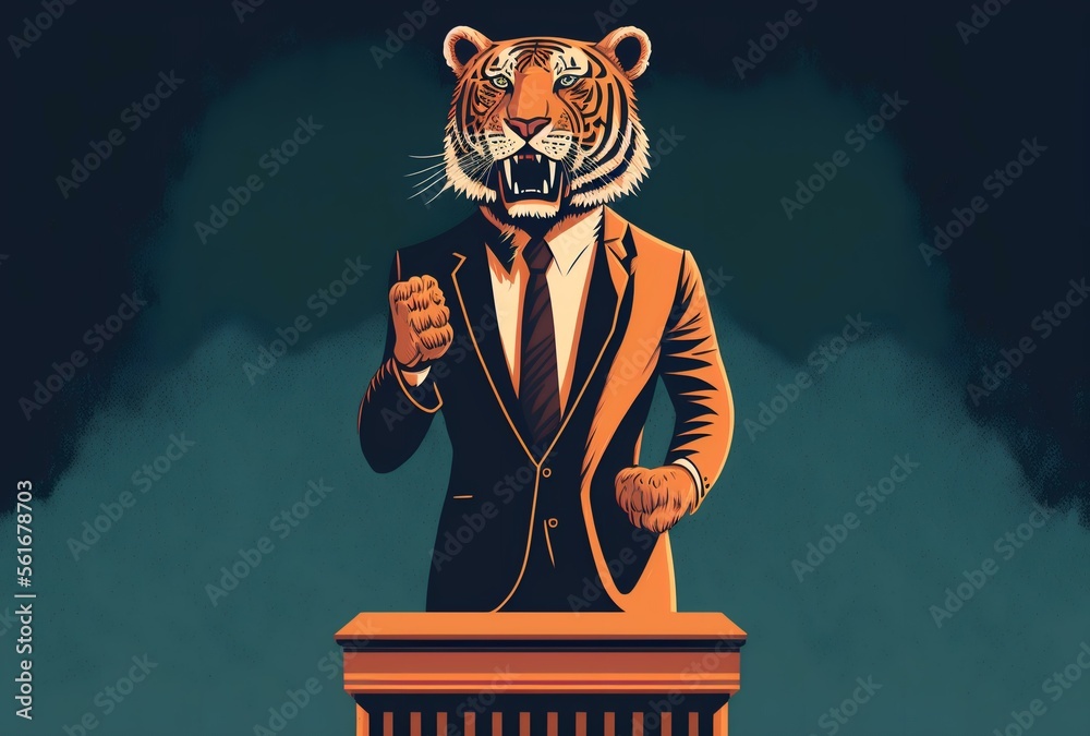 tiger in a suit on a podium giving a speech, symbolising the power of ...