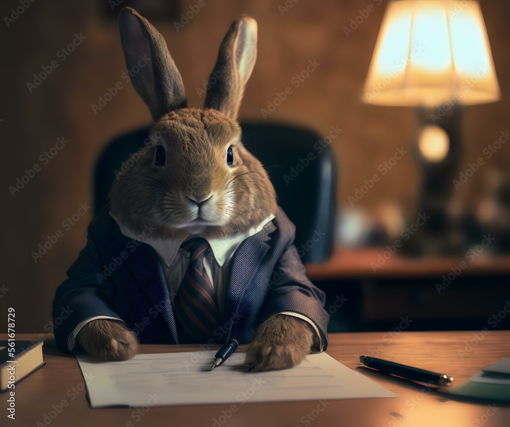 rabbit wearing a suit, sitting at a desk with papers and a pen ...