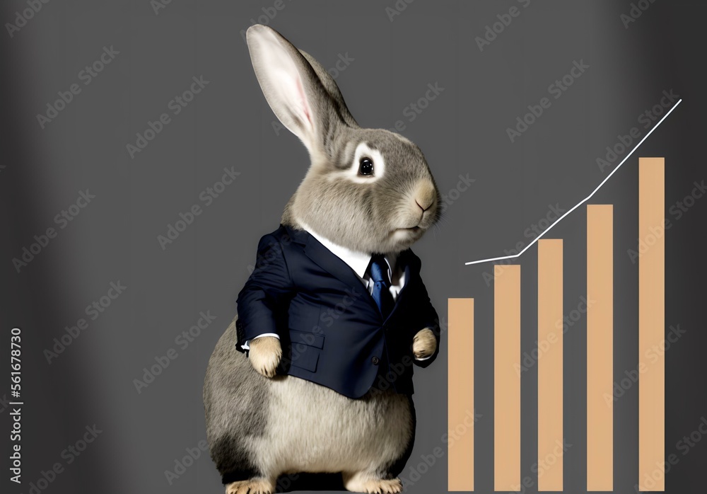 rabbit wearing a suit and standing in front of a chart or graph ...