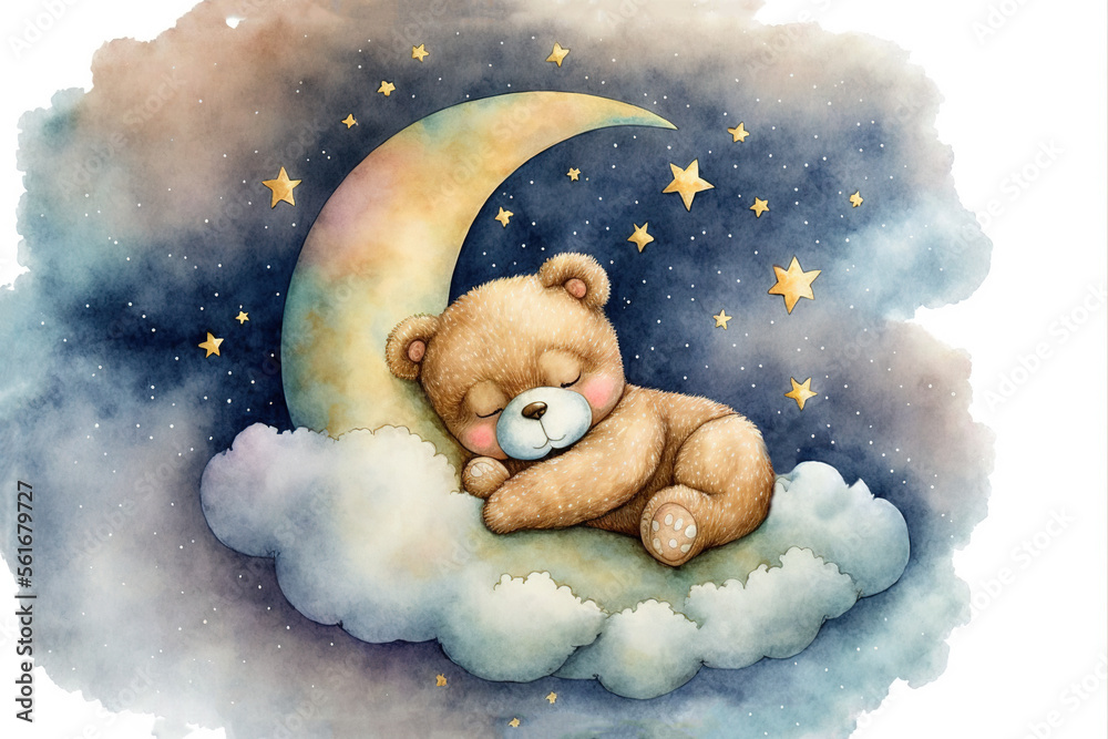 Teddy bear sleeping in the Crescent moon clouds and stars, watercolor ...