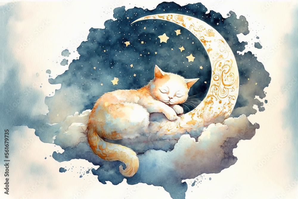 Kitty cat sleeping in the Crescent moon clouds and stars, watercolor ...
