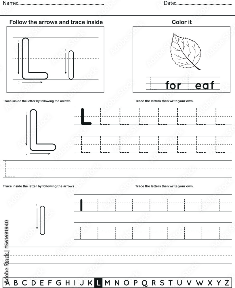 Alphabet tracing worksheet with letter and vocabulary L Stock Vector ...