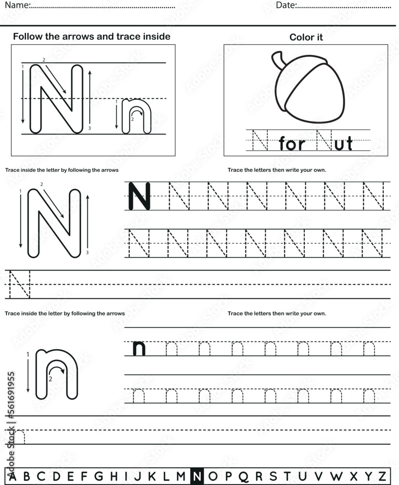 Alphabet tracing worksheet with letter and vocabulary N Stock Vector ...