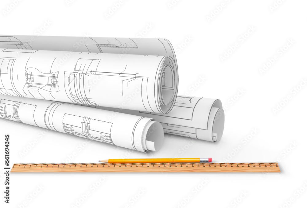 Pencil, ruler and scrolls of paper with blueprints on a white ...