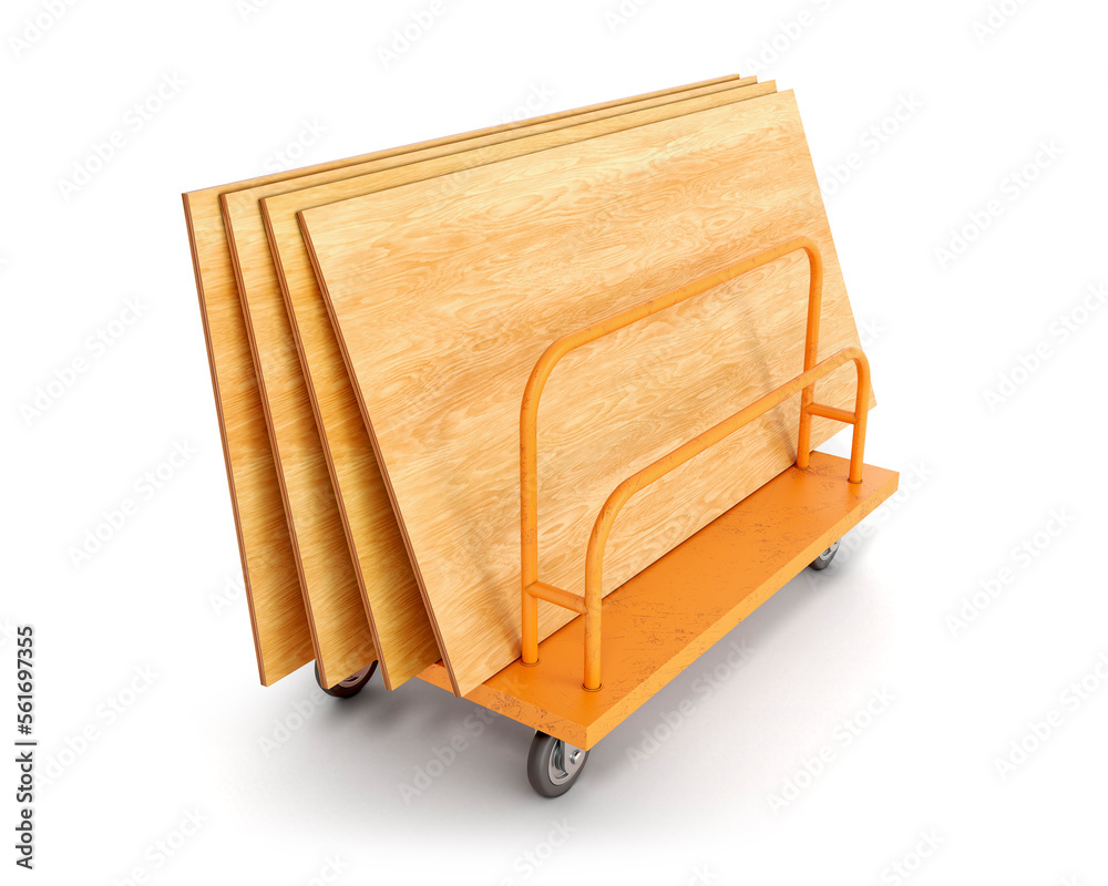 Plywood sheets on an orange trolley for long loads, isolated on white ...