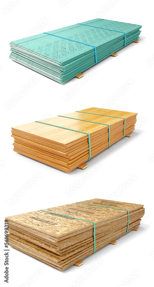 Set of three different stacks of building materials, including plywood ...