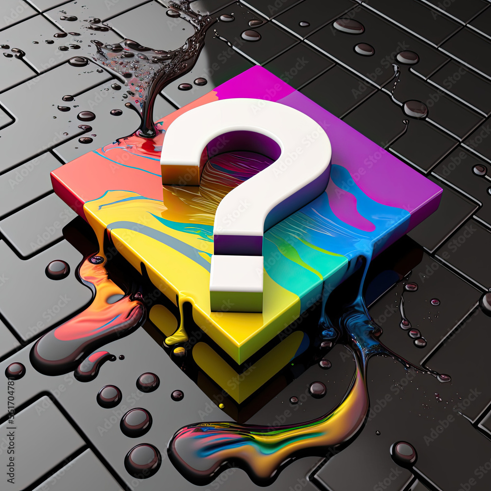 White question mark on a colorful cube on a rendered stone floor with ...