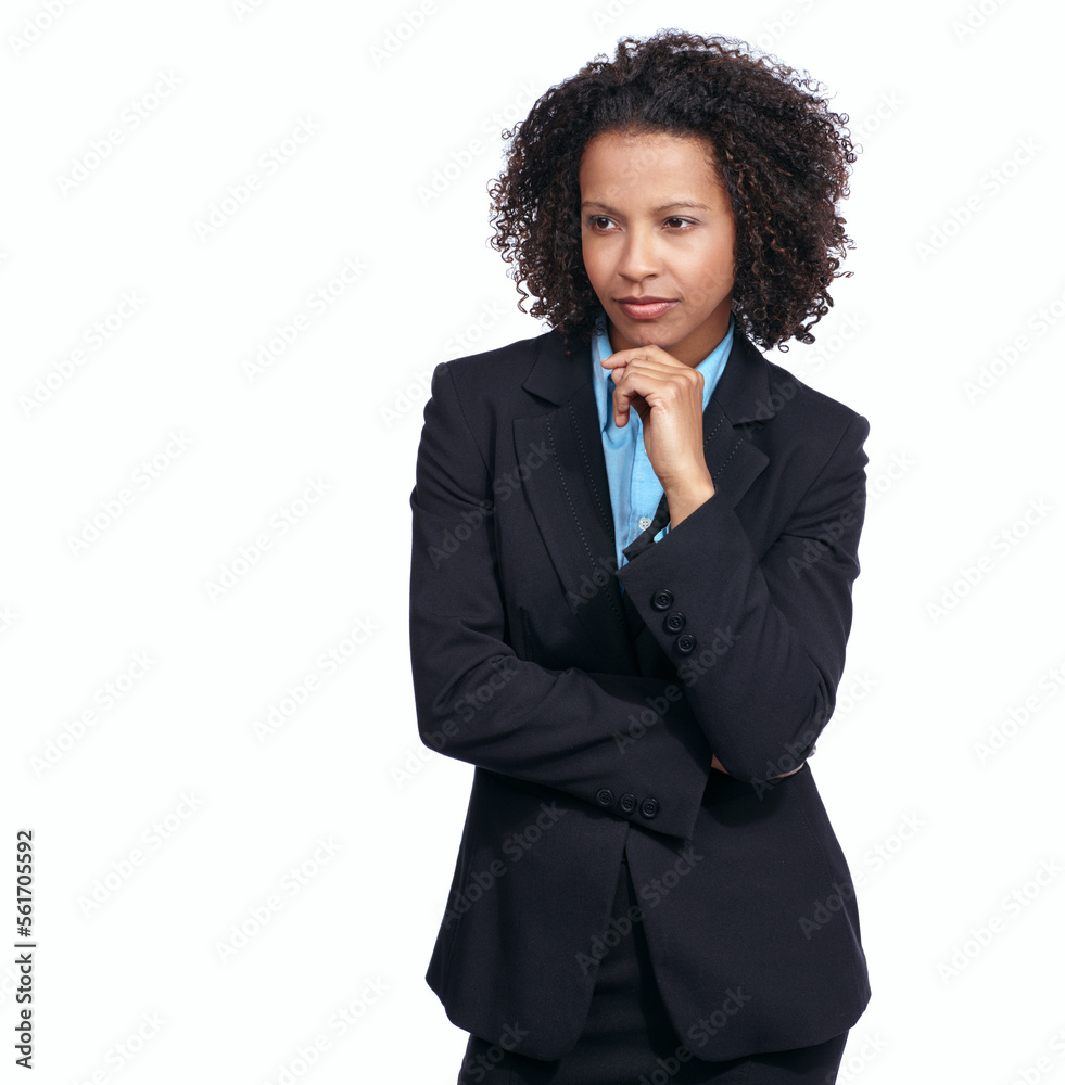 Corporate black woman, thinking and studio with idea, vision and focus ...
