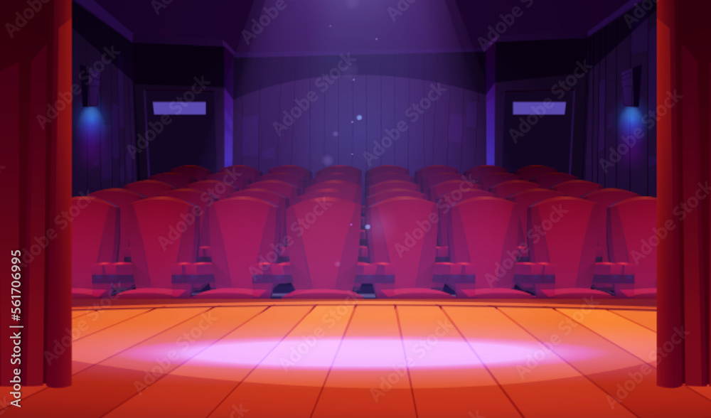 Theater stage and auditorium. Theatre or cinema hall interior with ...