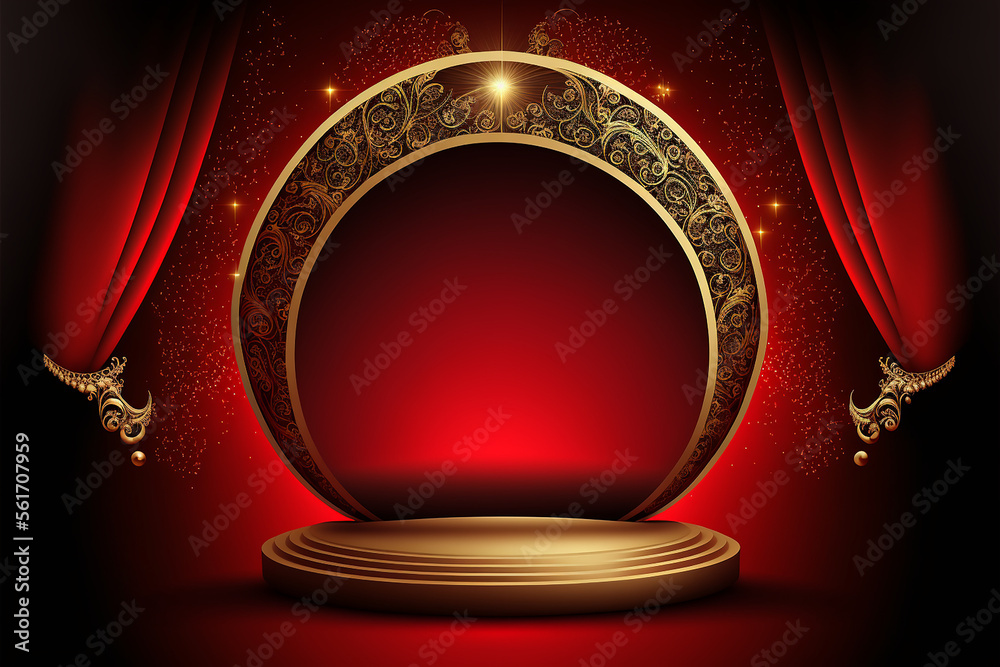 a round stage with red background with gold ornament and lampion Stock ...