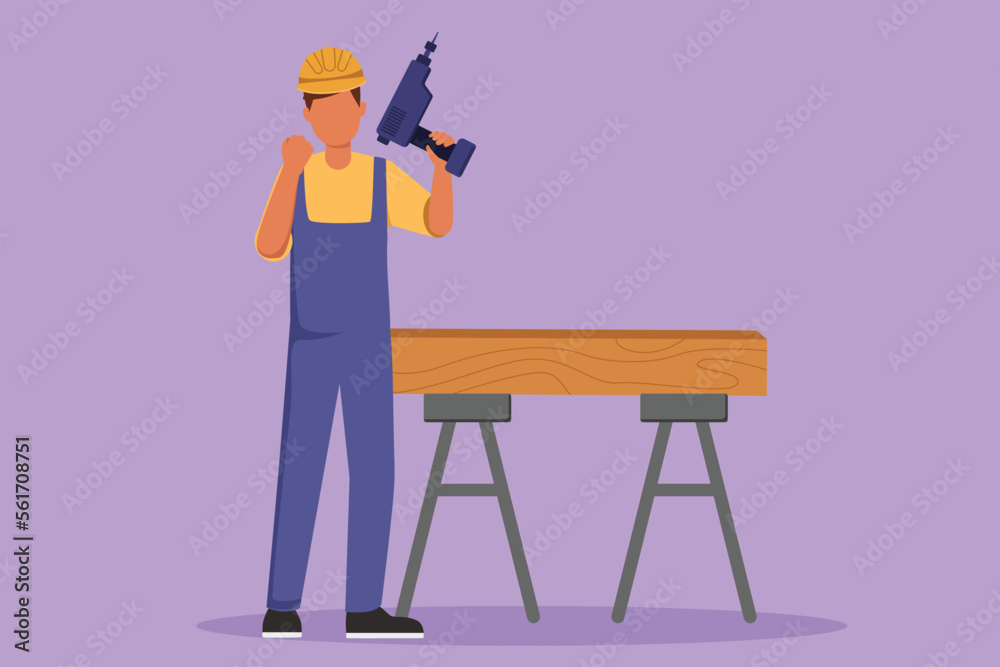 Cartoon flat style drawing carpenter standing with drill and celebrate ...