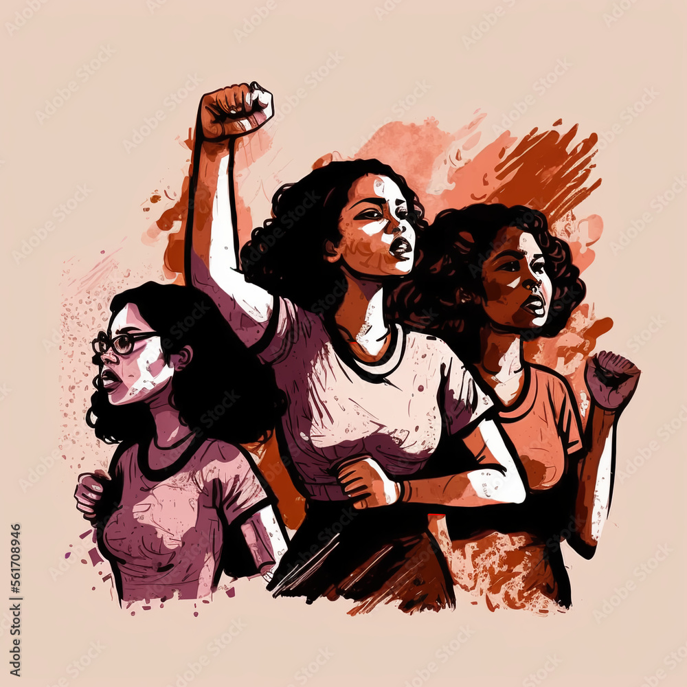 watercolor illustration of a group of feminist women in power pose with ...